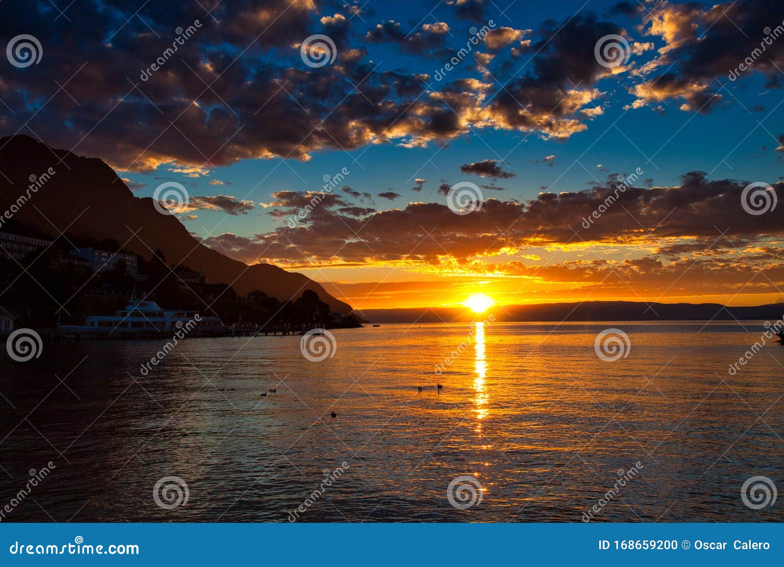 Sunset at Lac Leman stock photo. Image of mountain, tourism - 168659200