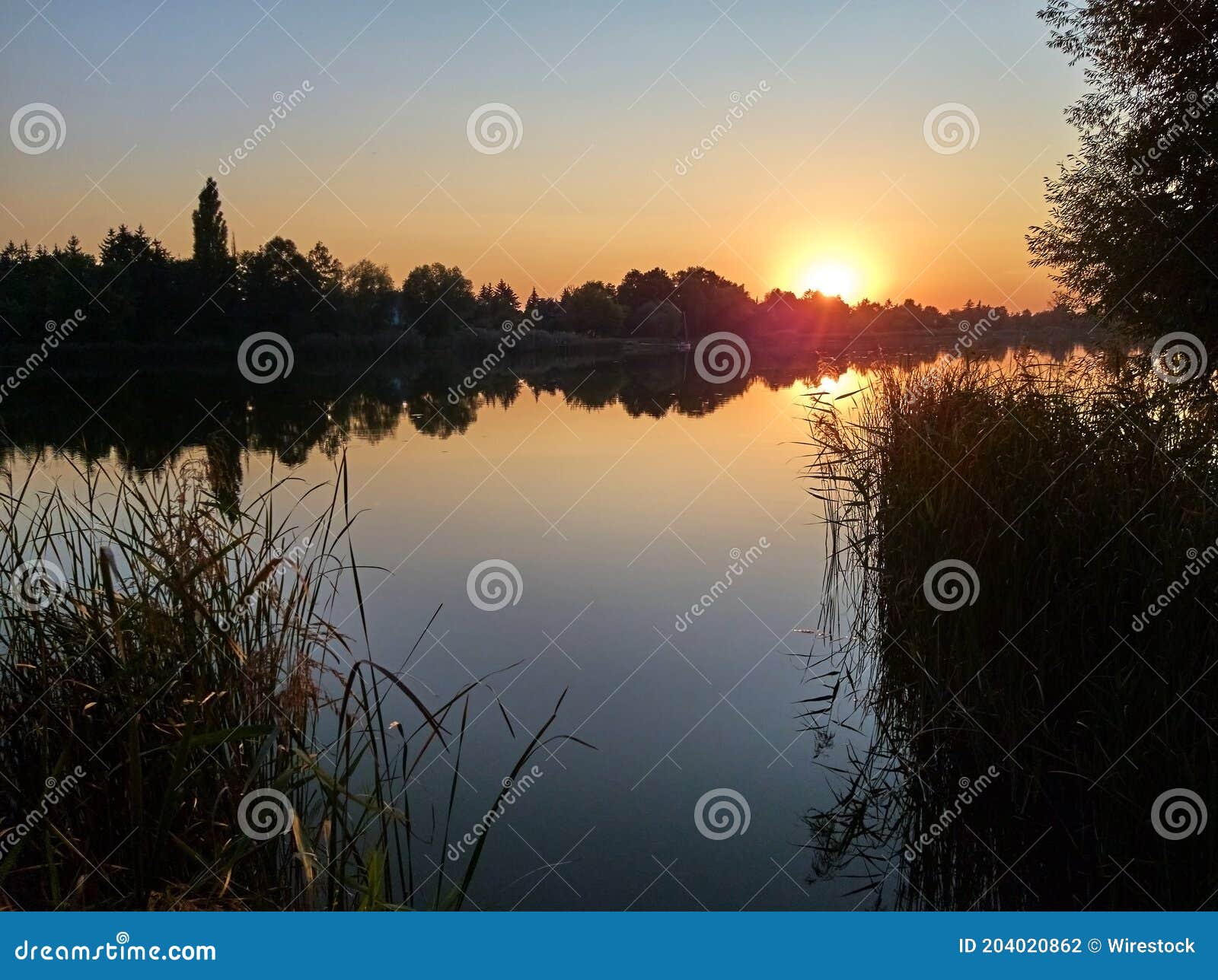 Sunset at lake in autumn stock photo. Image of view - 204020862