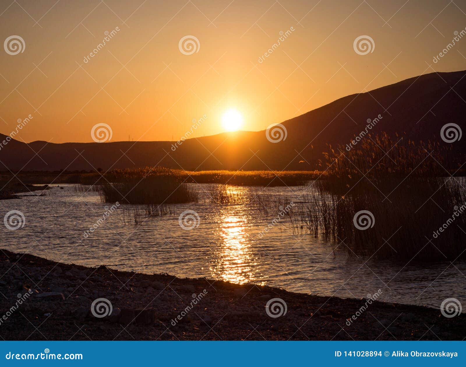 Beautiful Sunset on the Lake in Greece Stock Photo - Image of light ...