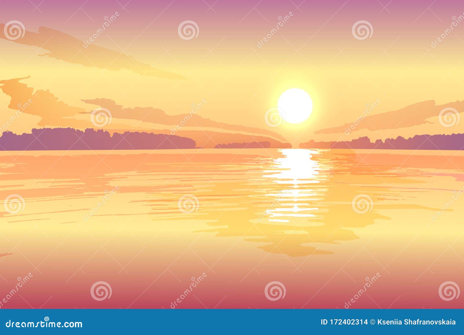 Sunset on the Lake, Vector Landscape Background Stock Vector ...