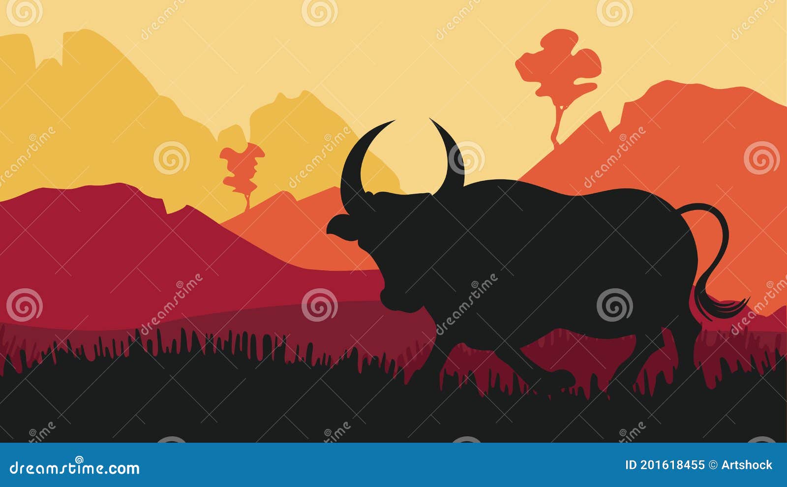 Sunset Landscape and Bull Silhouette Stock Vector - Illustration of ...