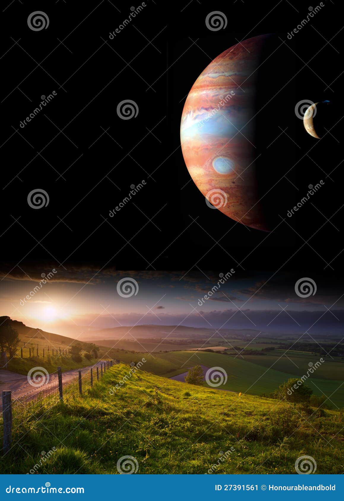 Sunset Landscape with Planets in Night Sky Stock Image - Image of earth ...
