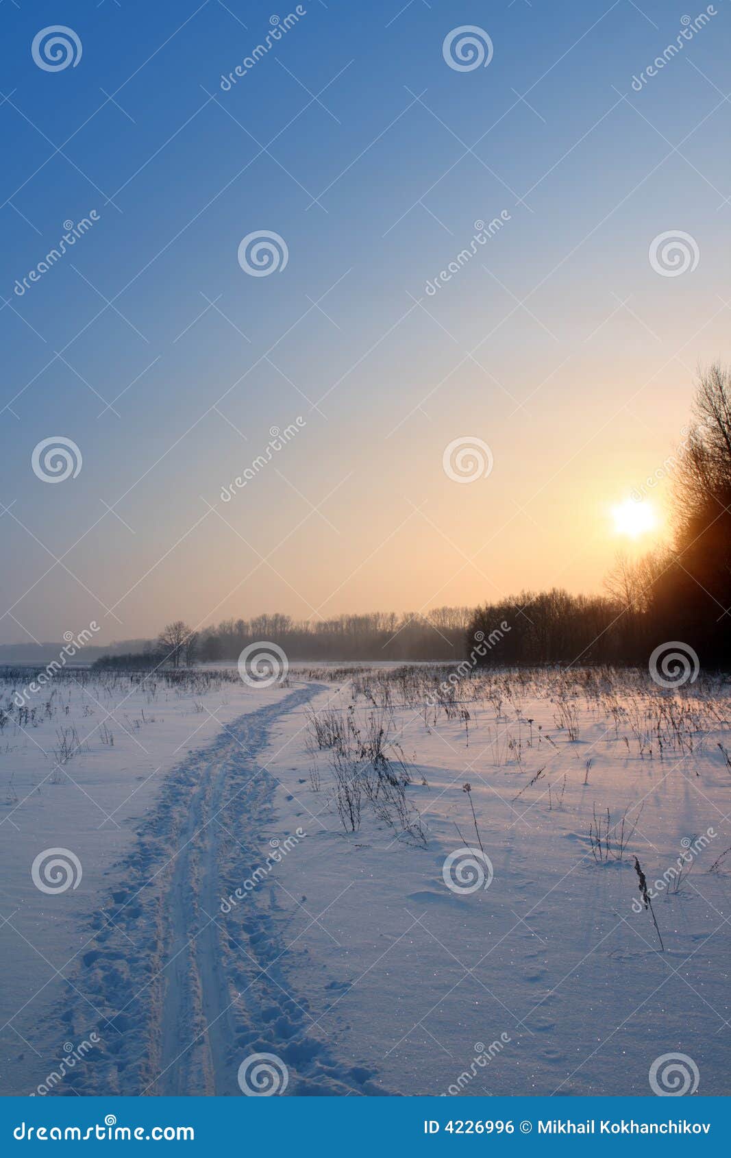 Sunset Landscape with Ski Track Stock Photo - Image of rural, solitude ...