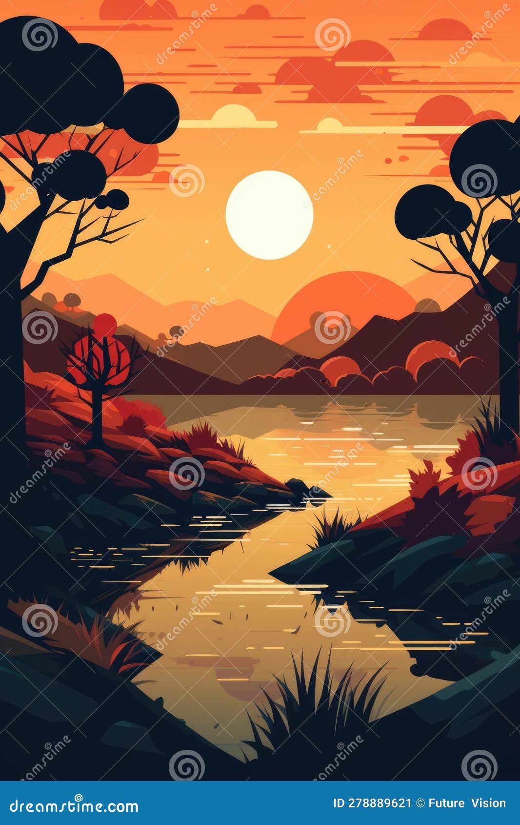 Sunset Landscape with Trees, Mountains and Lake Created Using ...