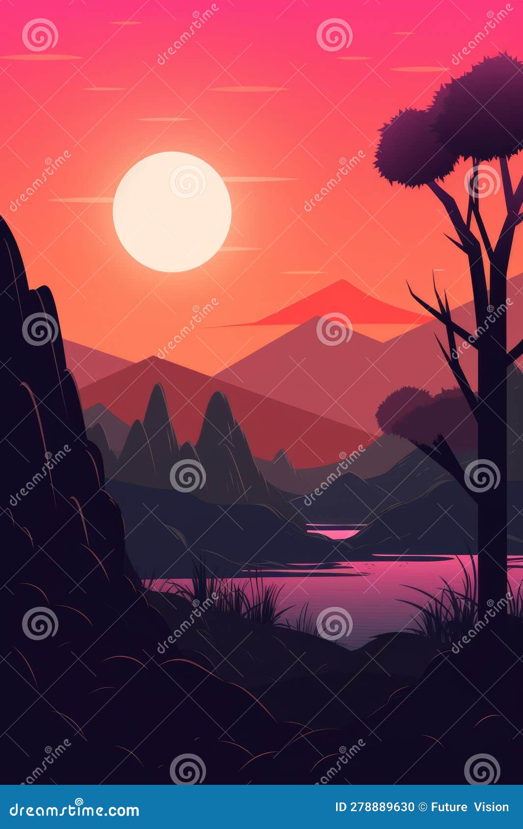 Sunset Landscape with Trees, Mountains and Lake Created Using ...
