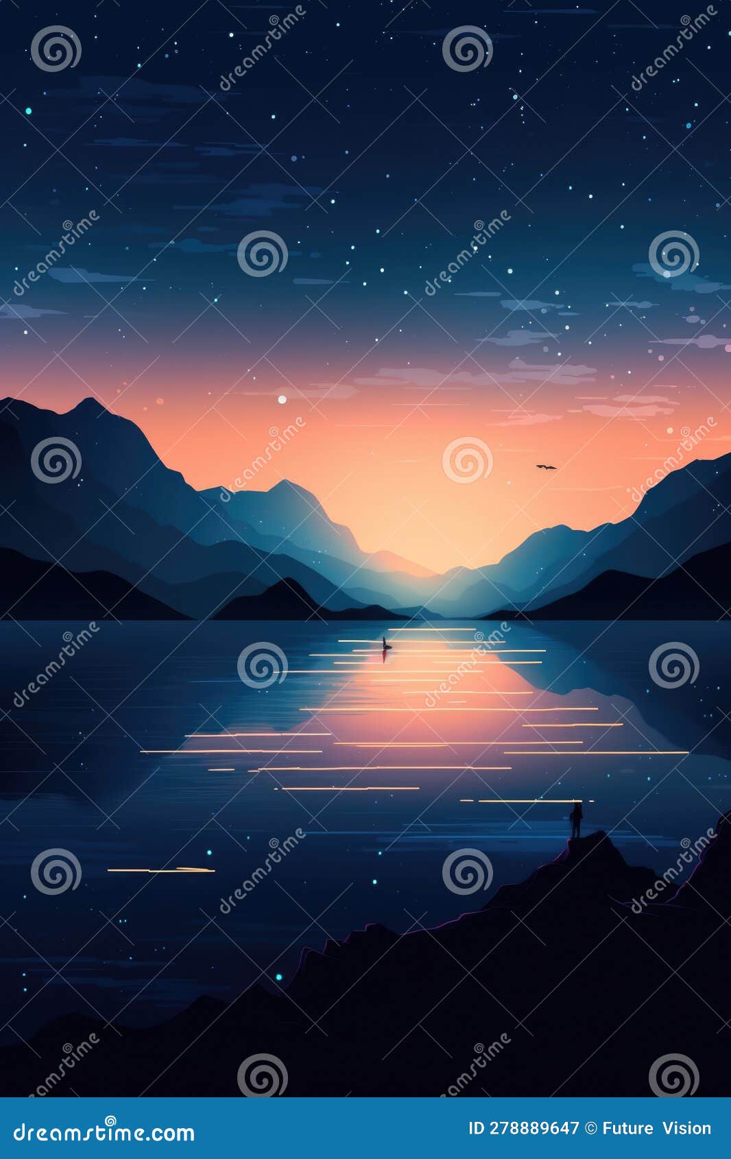 Sunset Landscape with Trees, Mountains and Lake Created Using ...