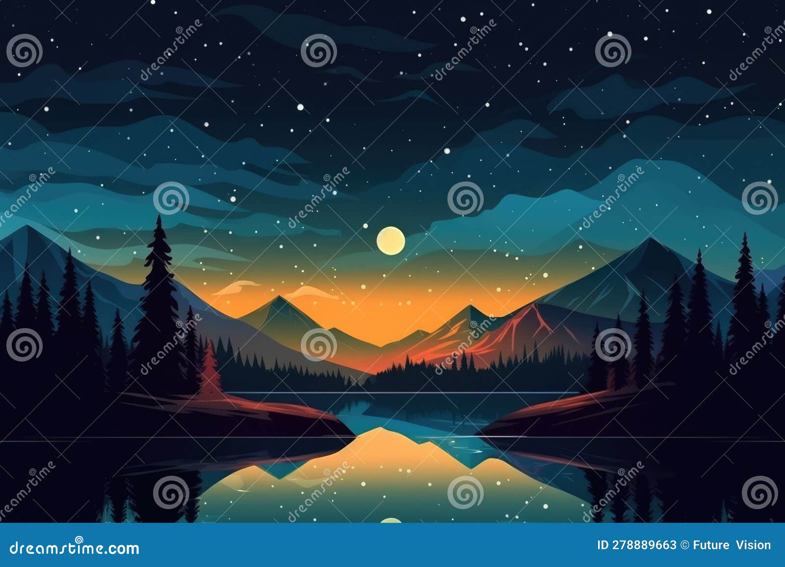 Sunset Landscape with Trees, Mountains and Lake Created Using ...