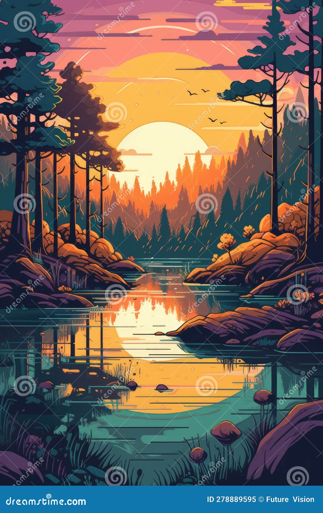 Sunset Landscape with Trees, Mountains and River Created Using ...