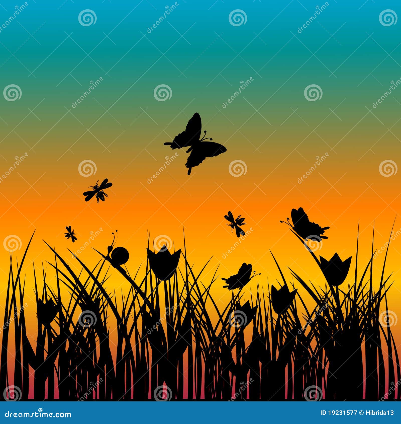 Sunset Landscape with Various Insects Stock Vector - Illustration of ...