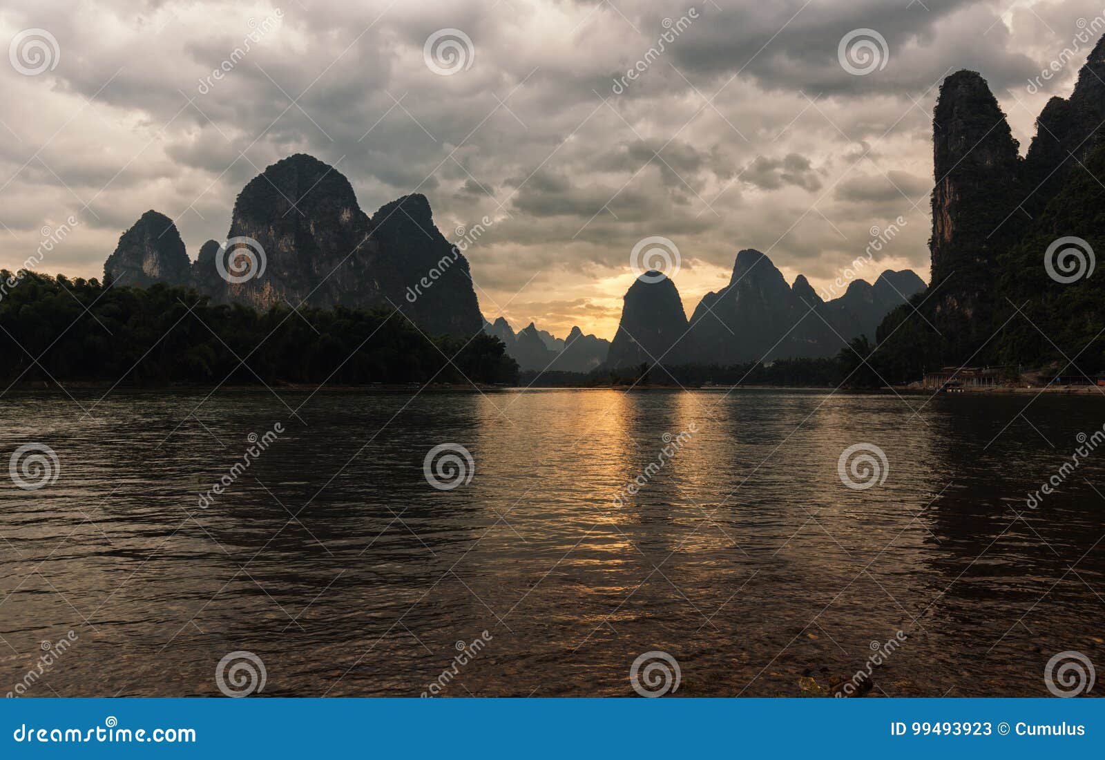 Sunset on Li river, China. stock image. Image of nature - 99493923