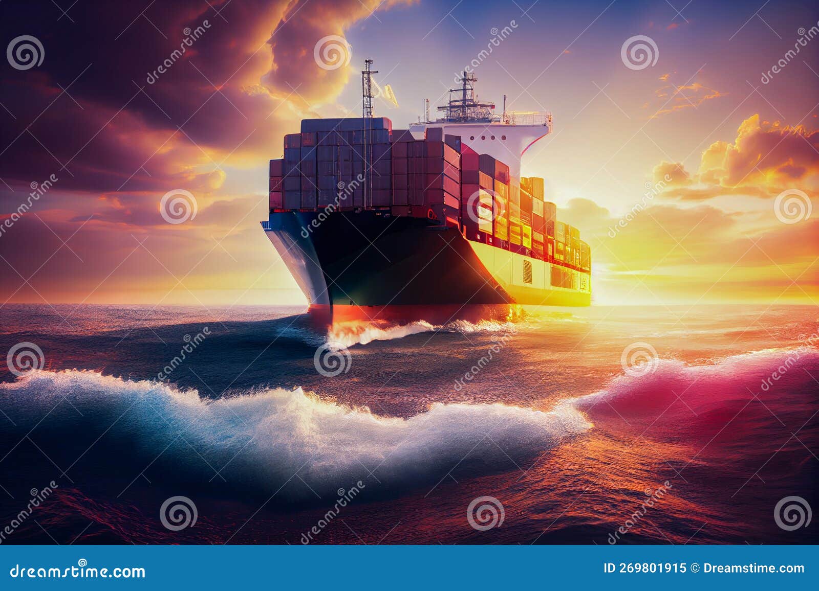 Sunset Light, Container Cargo Ship Over the Ocean, Generative AI ...