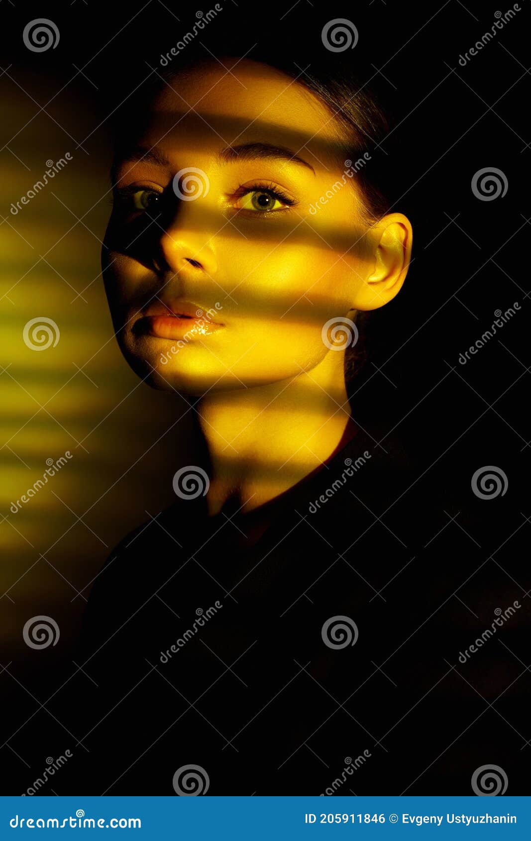 Sunset Light Falling through the Blinds on the Face of Beautiful Girl ...