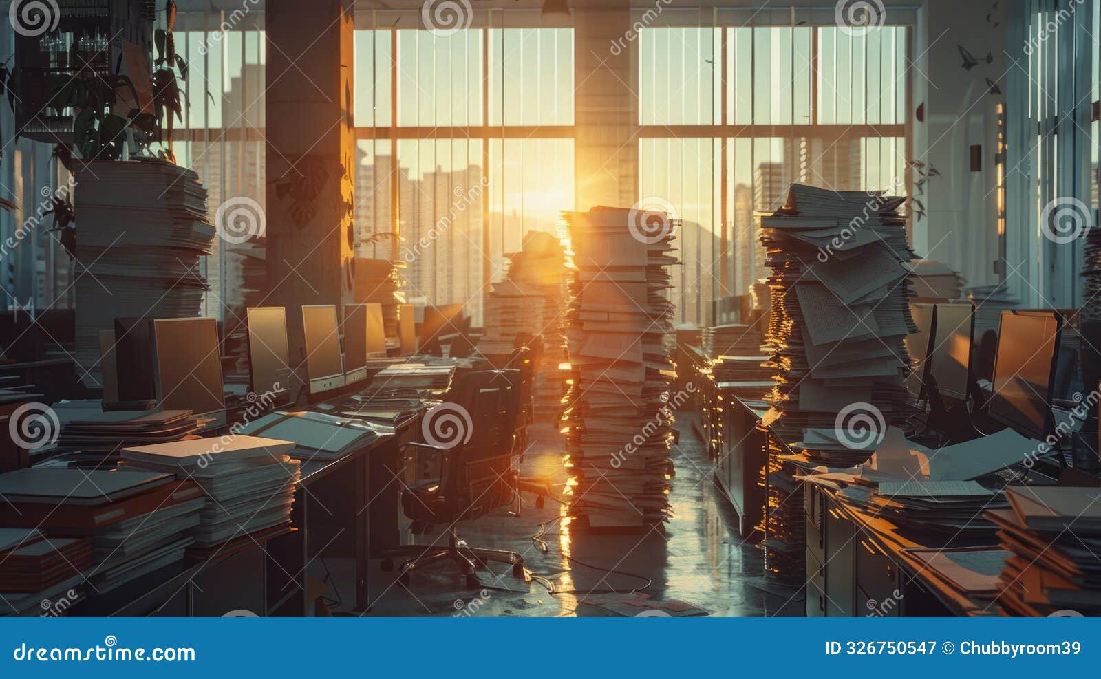 Sunset Light Streaming through Office Windows, Illuminating High Stacks ...