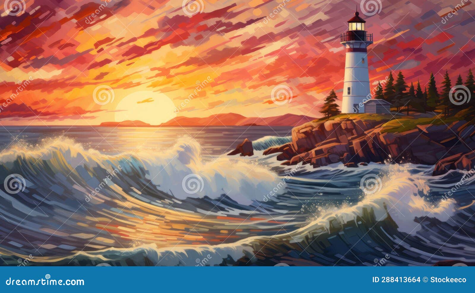 Colorful Lighthouse Sunset Oil Painting Illustration Stock Illustration ...