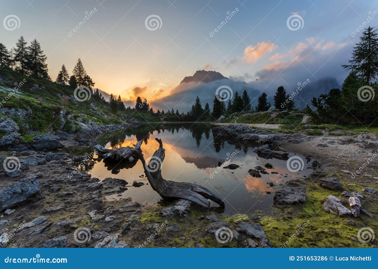 Sunset at Limides Lake, Italian Dolomites Stock Photo - Image of sunset ...