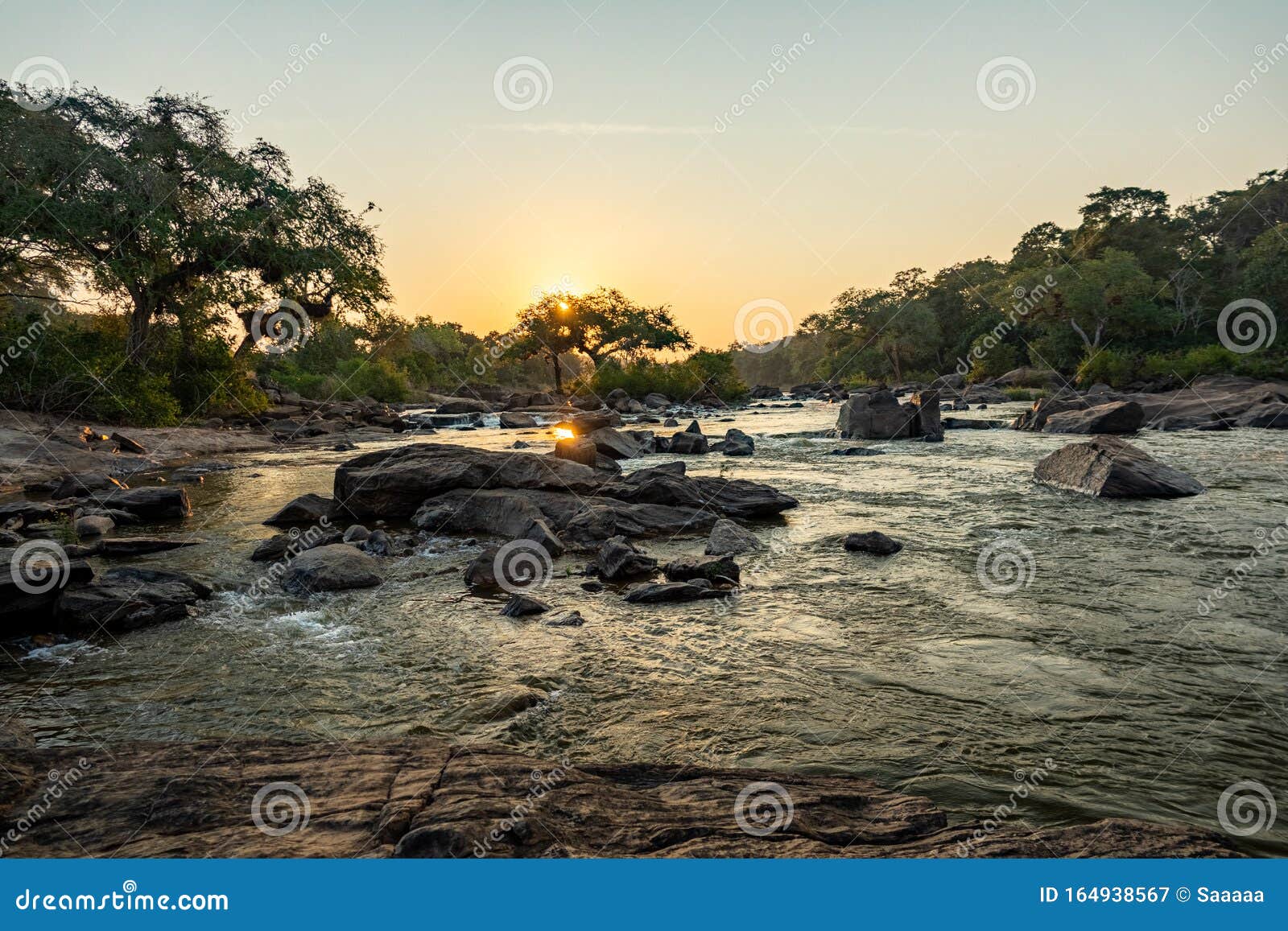 Sunset in Malawi River with Trees and Rocks Stock Image - Image of ...