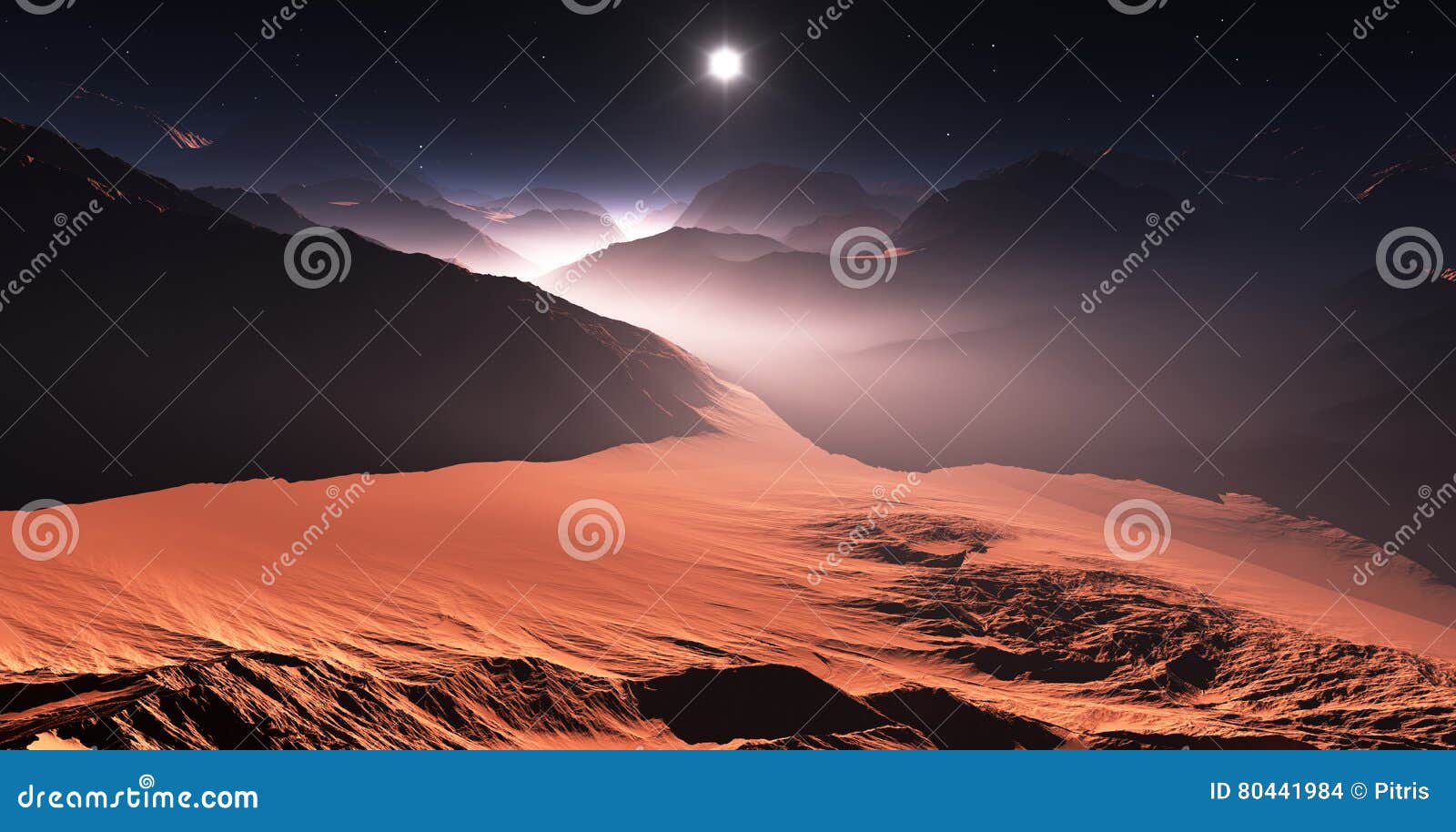 Sunset on Mars. Mars Mountains, View from the Valley Stock Illustration ...