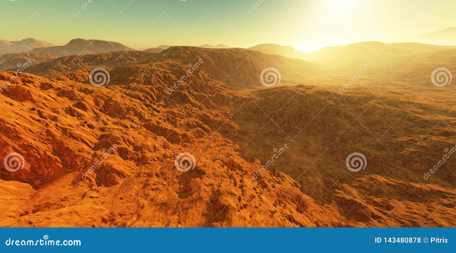 Sunset on Mars. Martian Landscape Stock Illustration - Illustration of ...