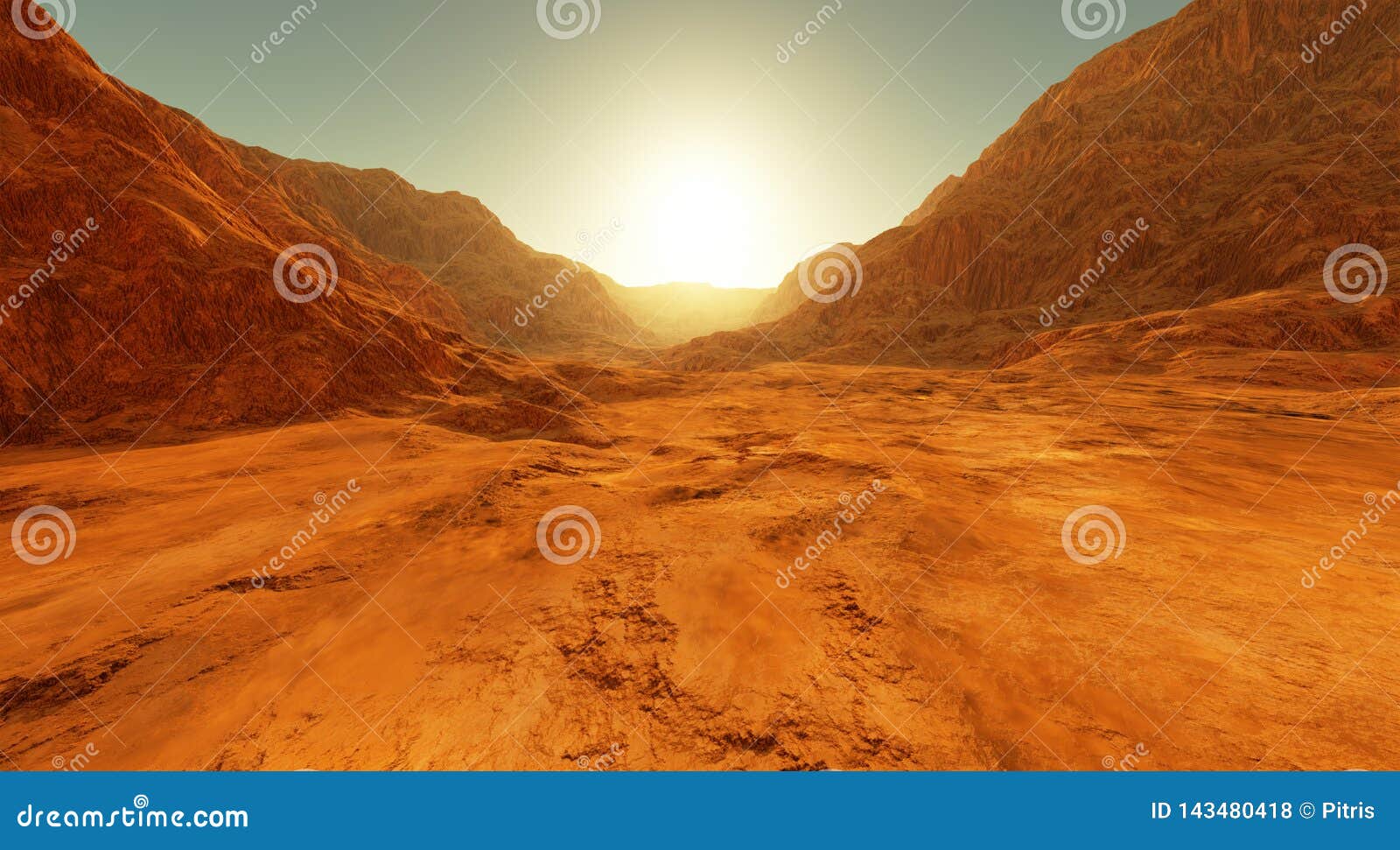 Sunset on Mars. Martian Landscape, Dry River Bed on Mars Stock ...