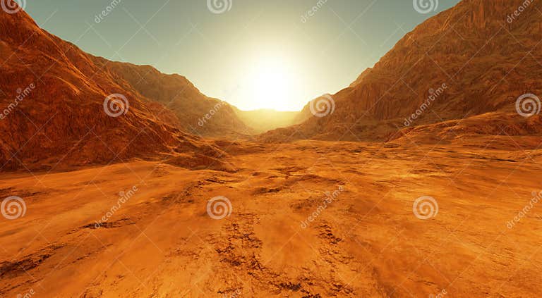 Sunset on Mars. Martian Landscape, Dry River Bed on Mars Stock ...