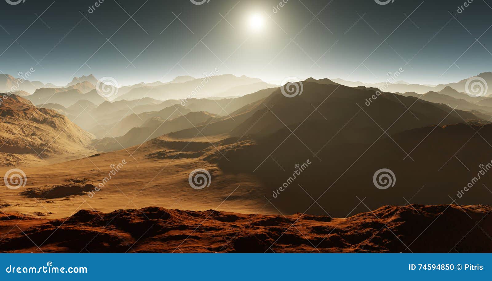 Sunset on Mars. Martian Landscape Stock Illustration - Illustration of ...