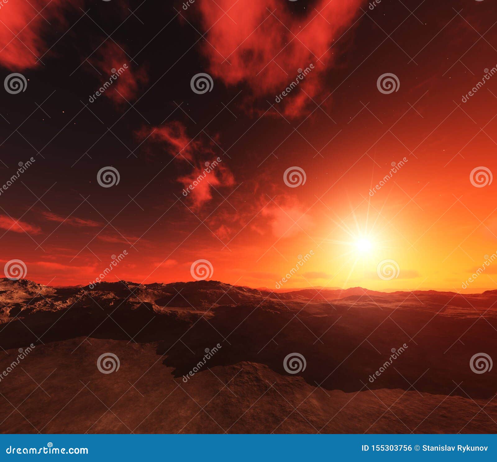 Sunset on Mars, Martian Panorama Stock Illustration - Illustration of ...