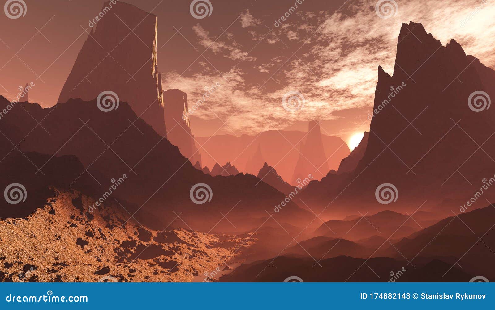 Sunset on Mars, Martian Panorama Stock Illustration - Illustration of ...