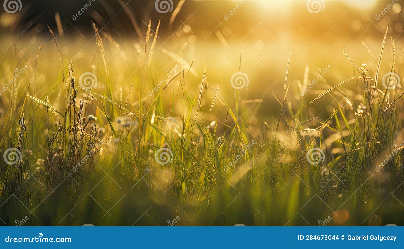 Sunset in the Meadow with Dew Drops and Grass Stock Illustration ...