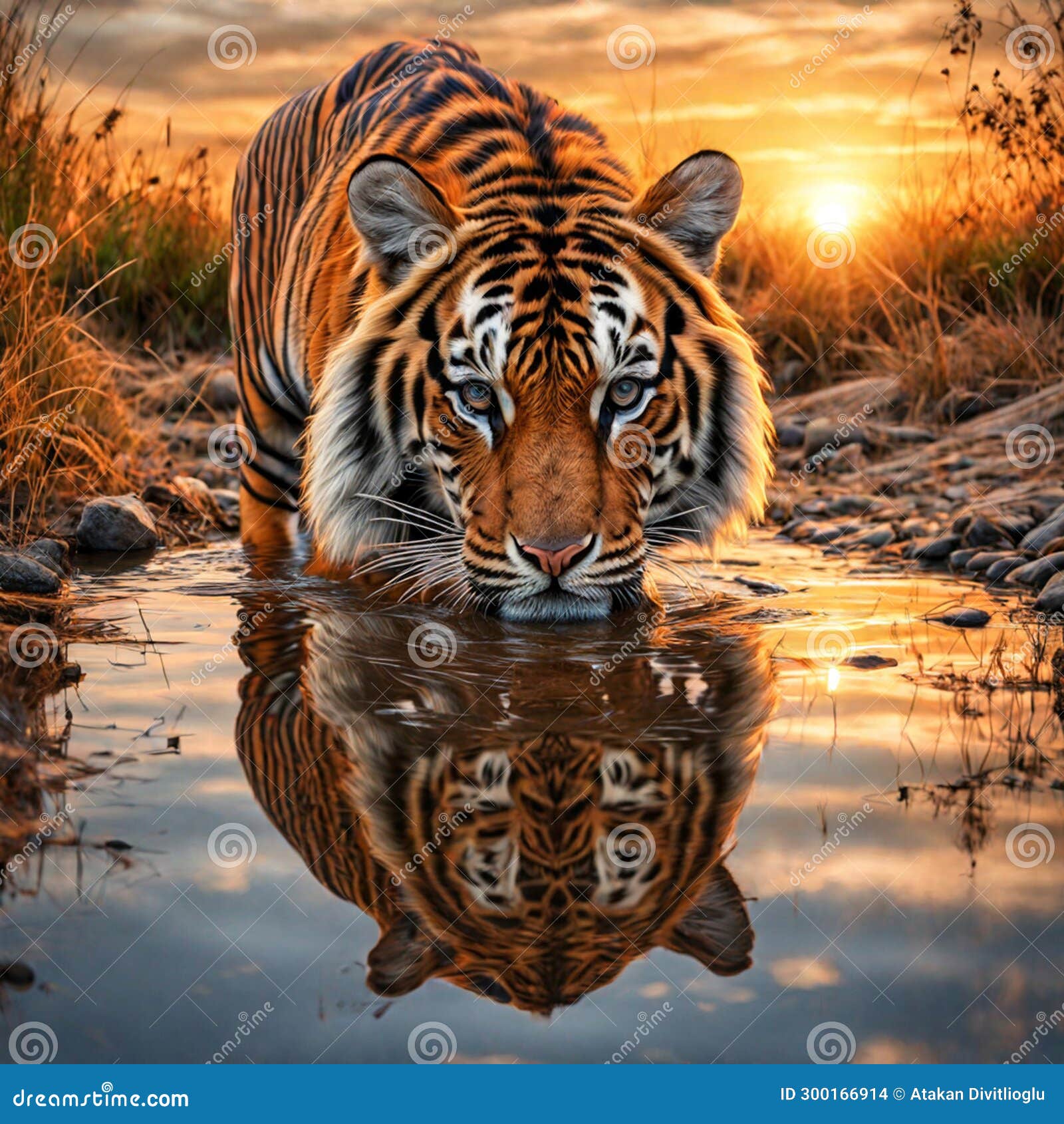Sunset Mirroring Water Optical Illusion Tiger Stock Illustration ...