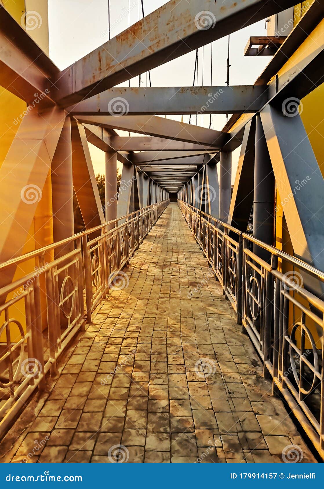 Sunset at Modern Technical Bridge with Crooked Beams Stock Image ...