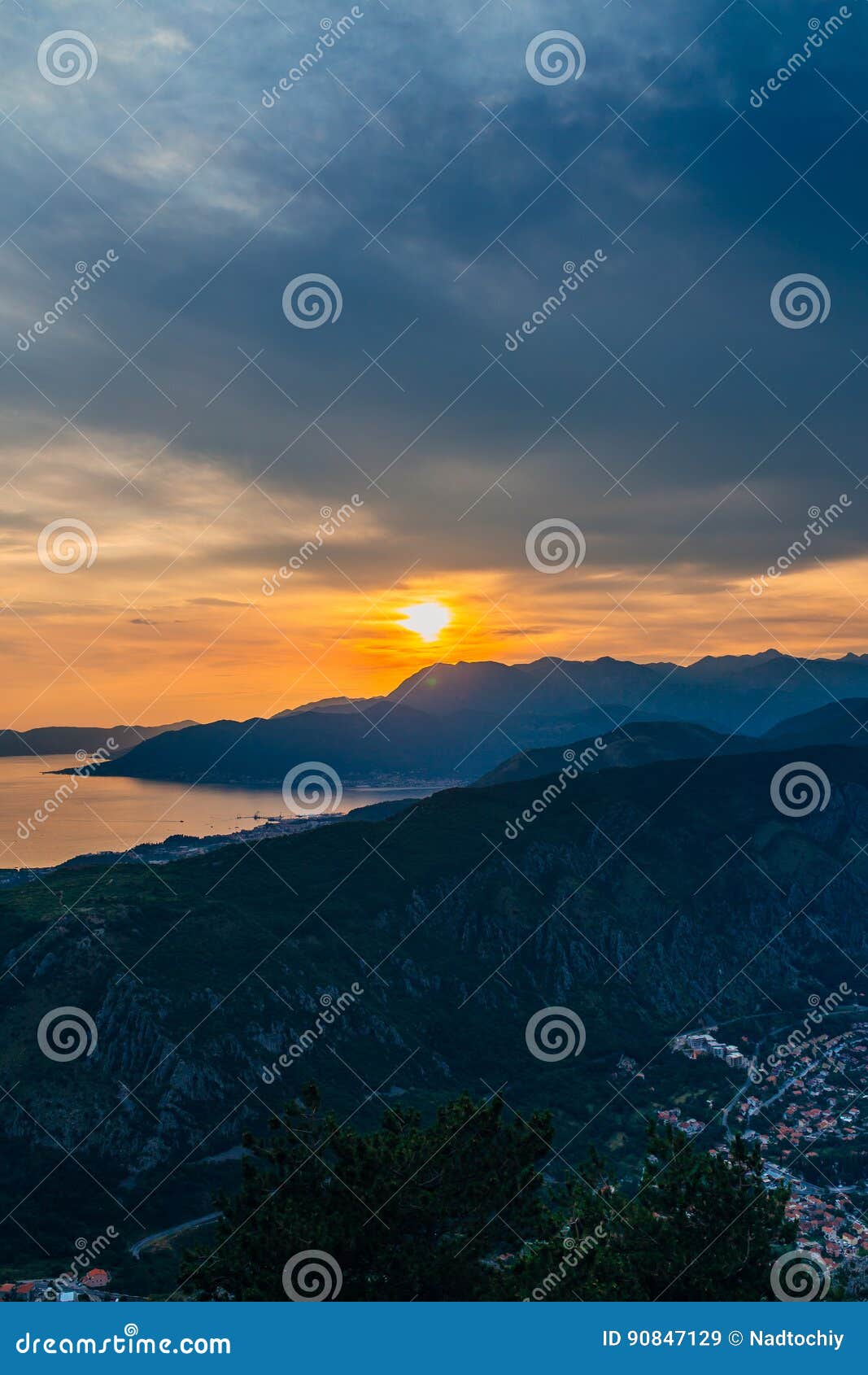 Sunset in Montenegro Over the Mountains and the Sea Stock Image - Image ...