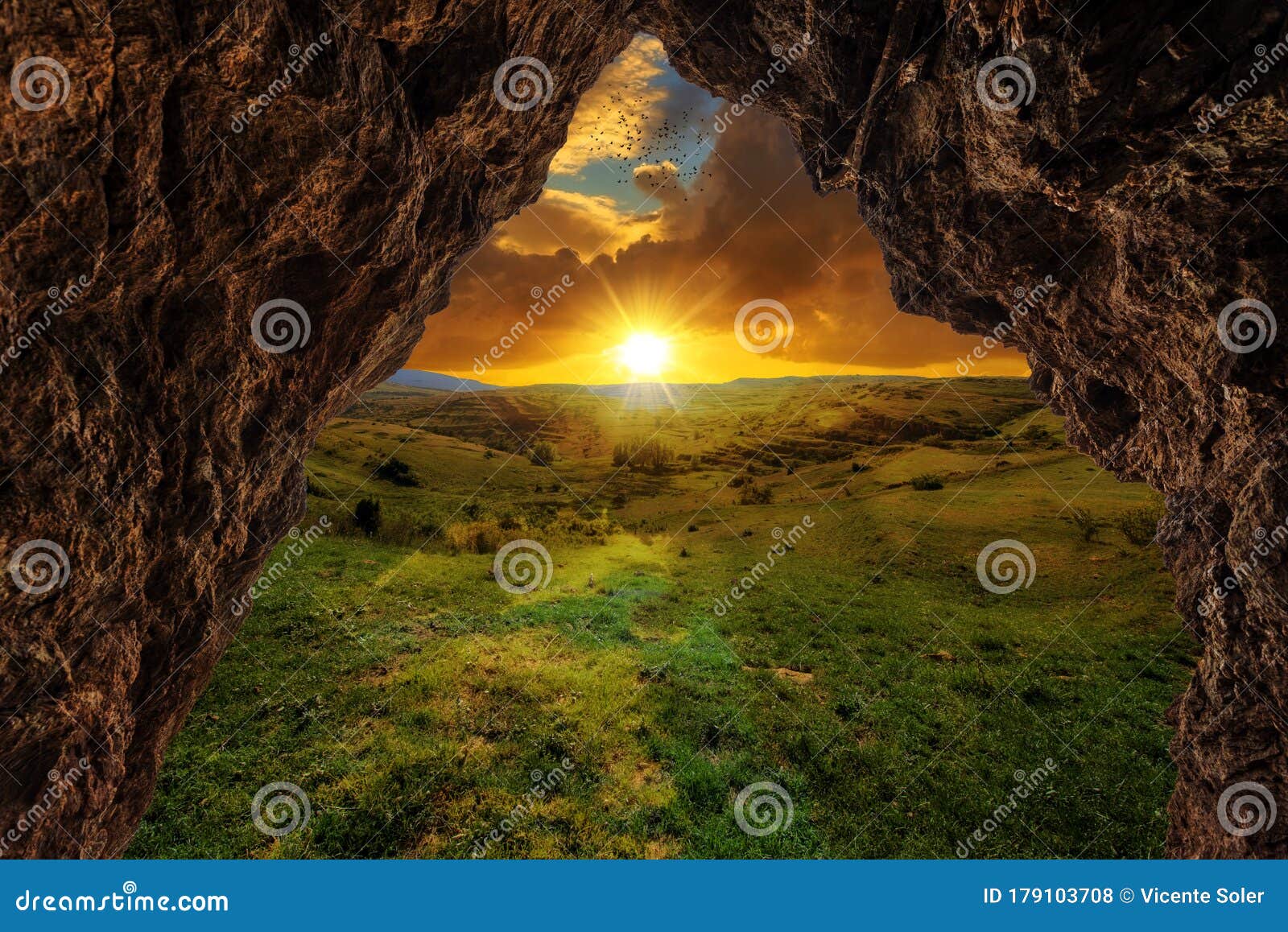Sunset on the Mountain from a Cave Stock Photo - Image of color, beauty ...