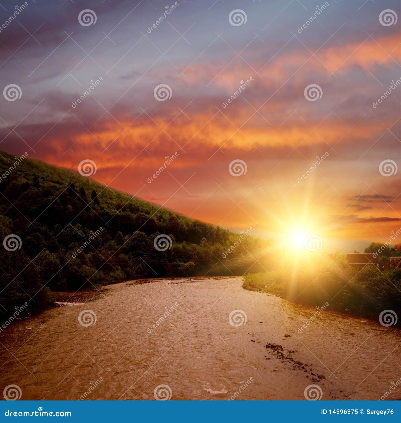 Sunset on mountain river stock image. Image of valley - 14596375