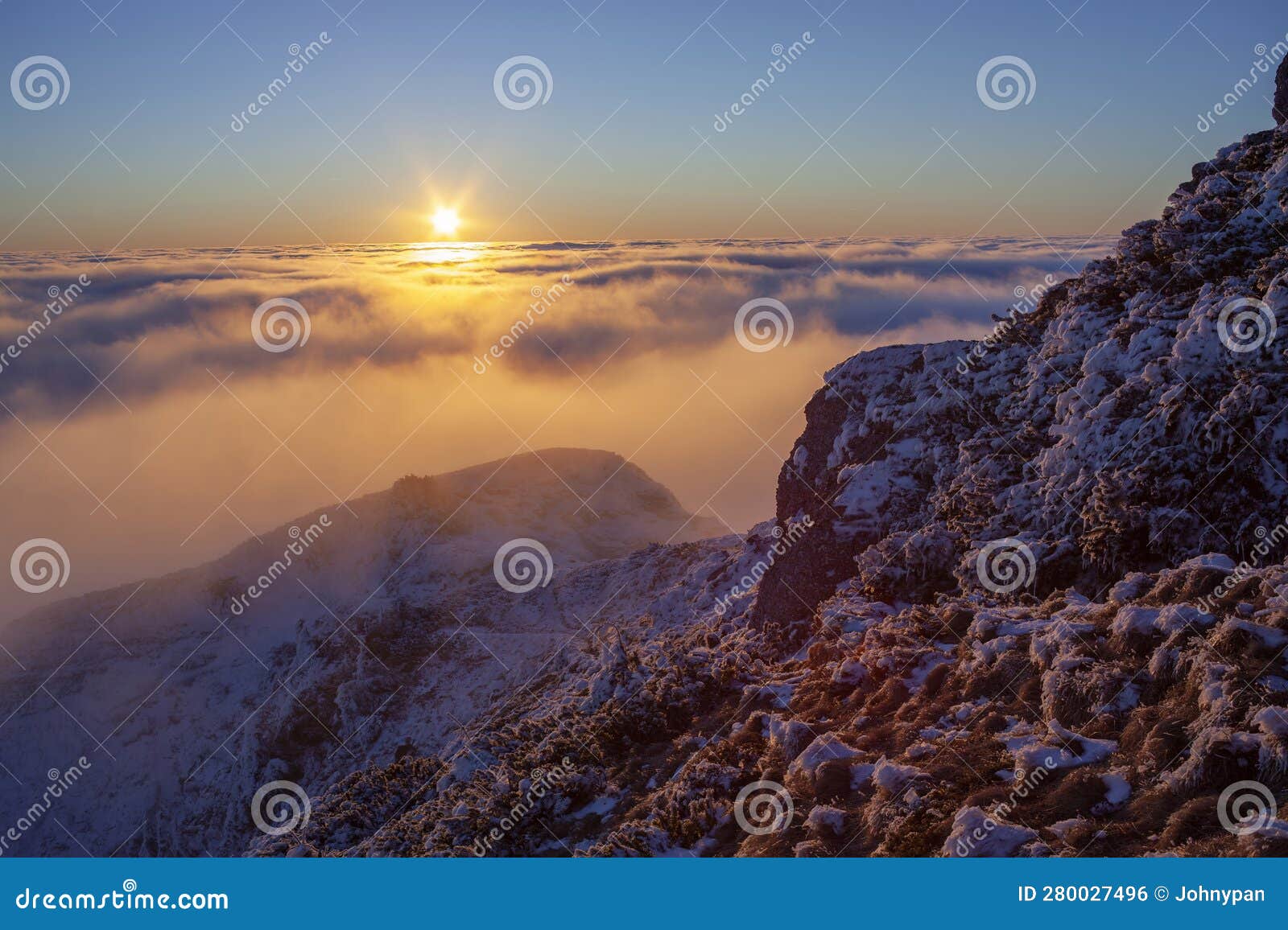 Sunset on Mountain Top with Clouds Sea Stock Photo - Image of white ...