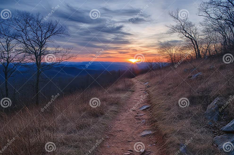 Sunset on Mountain with Trail Leading Up Side. Stock Photo - Image of ...
