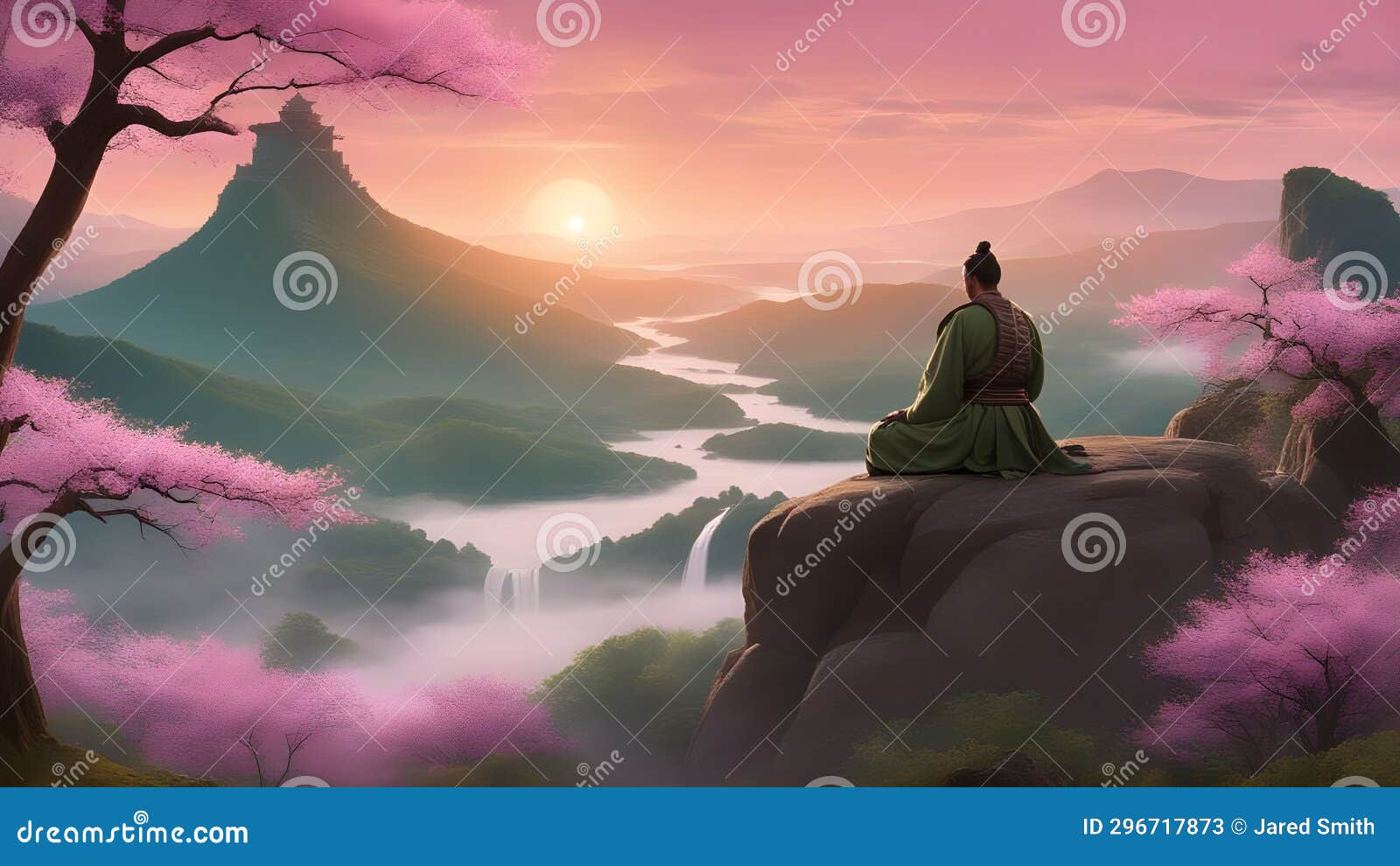 Sunset in the Mountains a Serene Scene with a Samurai Meditating on a ...