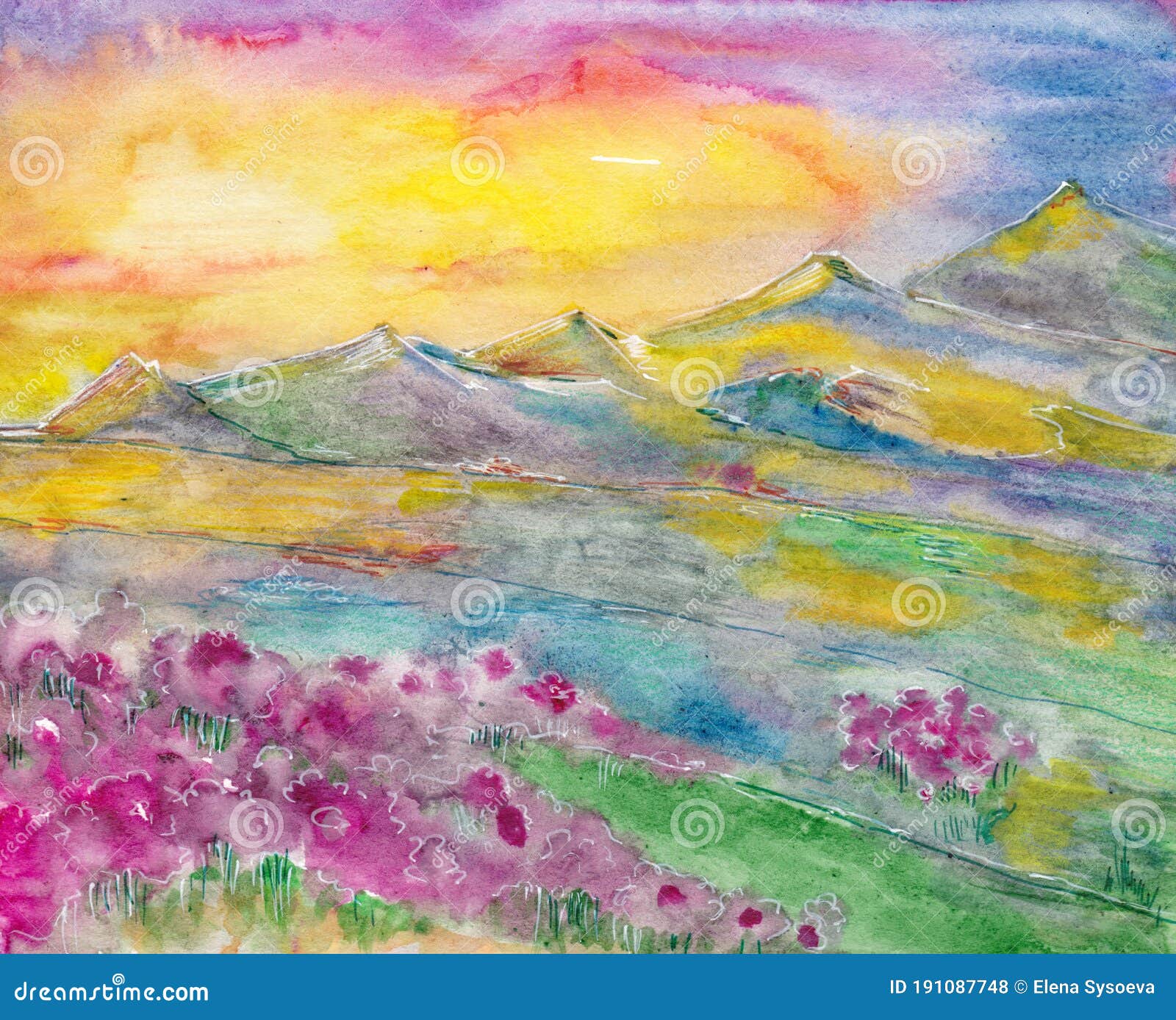 Sunset in the Mountains. Watercolor Painting Stock Photo - Image of ...