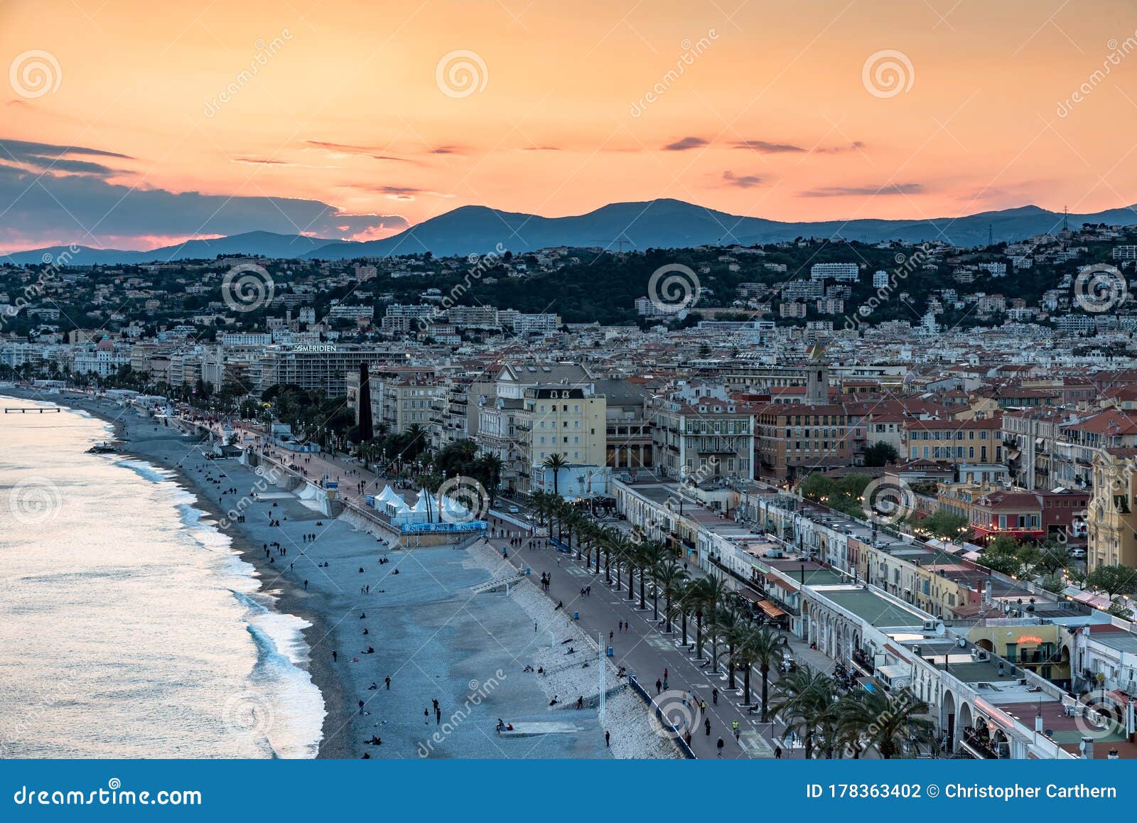 Sunset in Nice, France editorial photography. Image of beach - 178363402