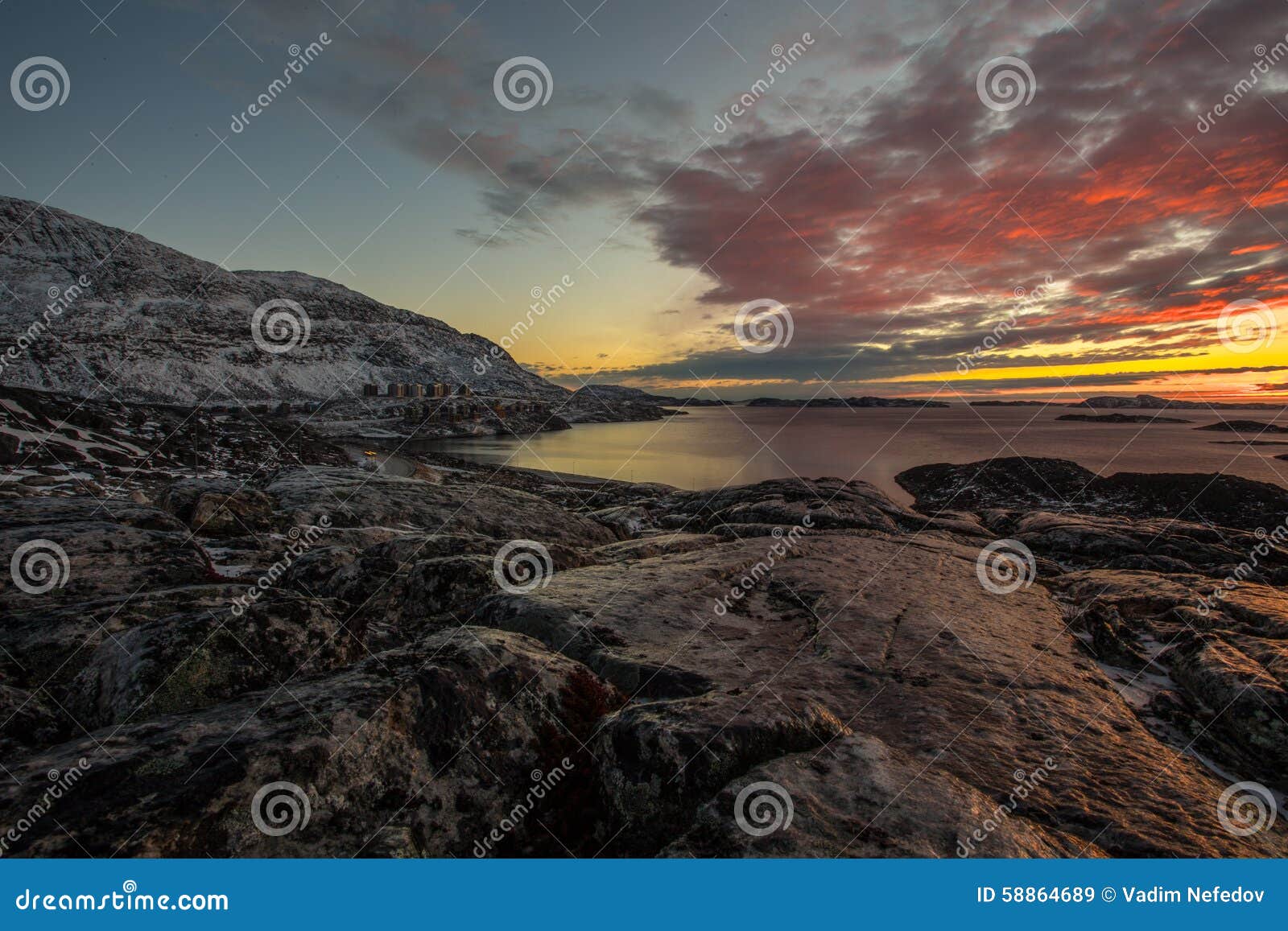 Sunset in Nuuk stock image. Image of rocks, sunrise, mountains - 58864689