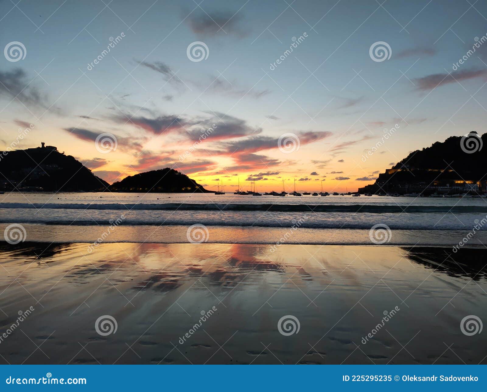 Sunset by the Ocean, Bay in San Sebastian Stock Image - Image of summer ...