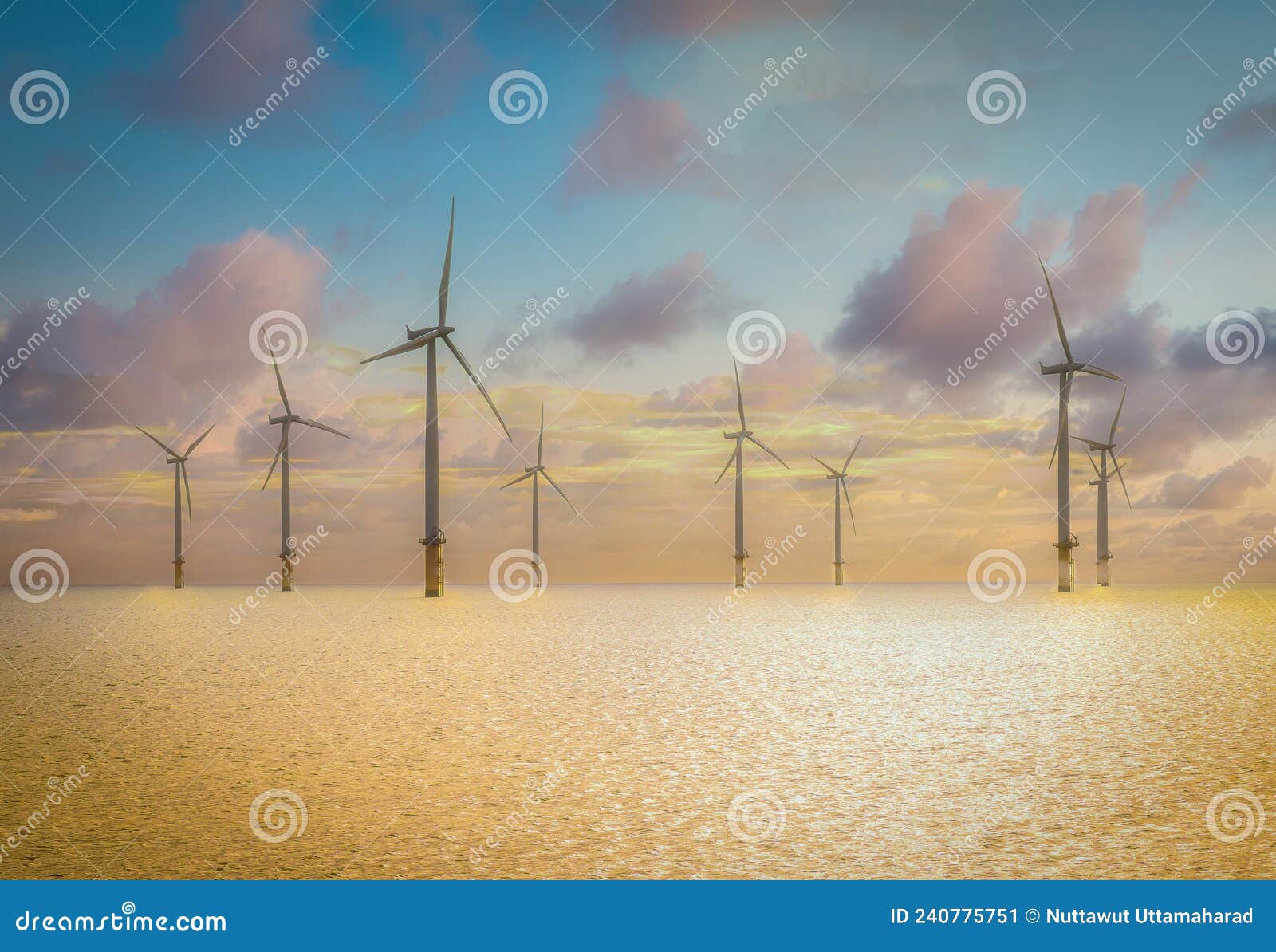 Sunset Offshore Wind Turbine in a Wind Farm Under Construction O Stock ...