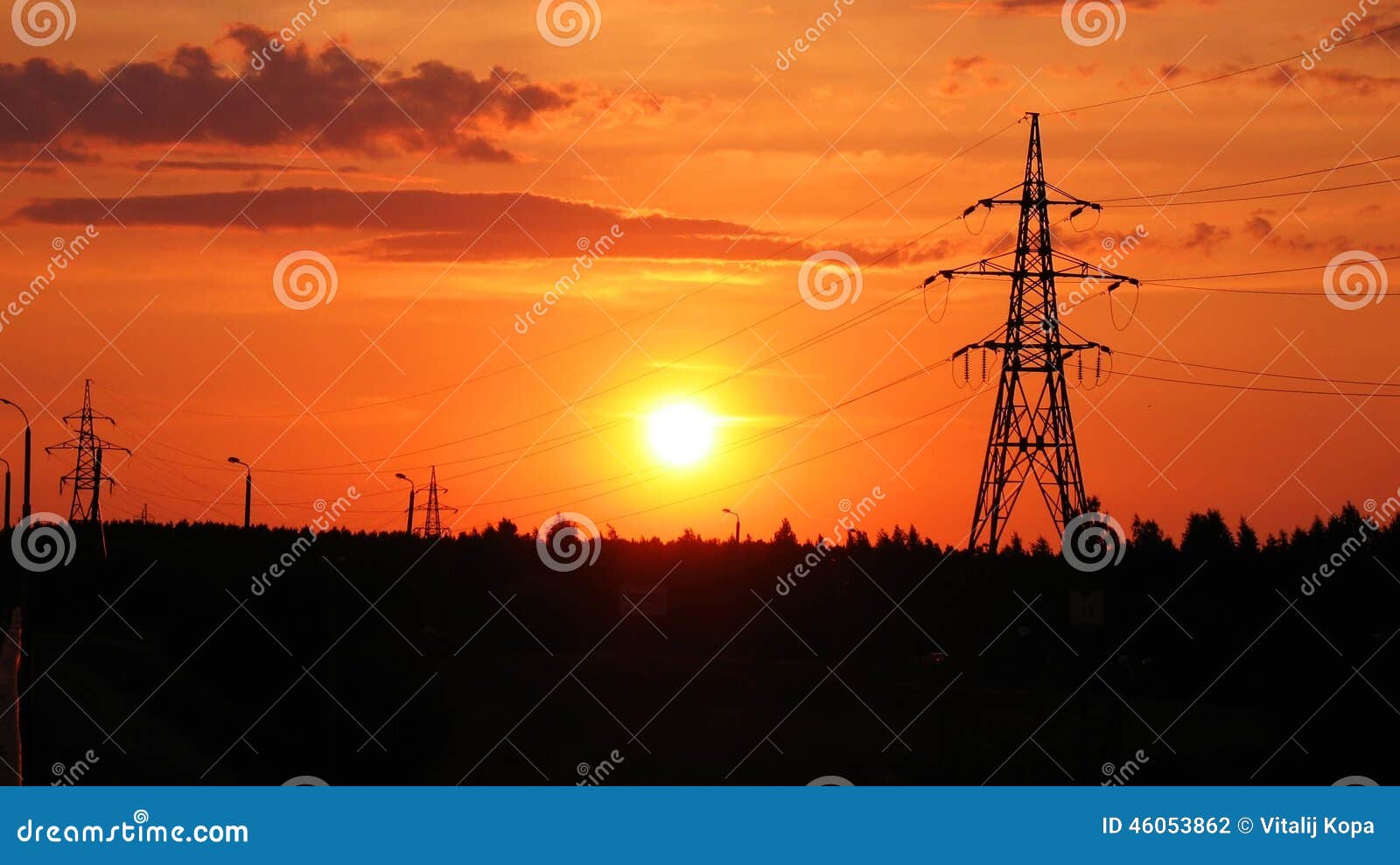 Sunset, Orange Sky and Electrical Lines Stock Photo - Image of lines ...
