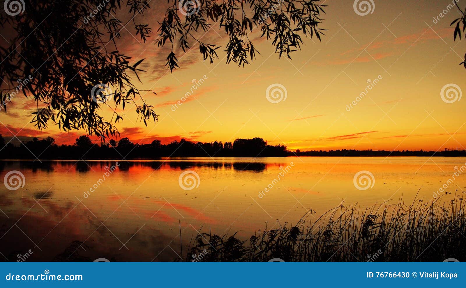 Landscape Sunset and Orange Sky Over Lake Stock Photo - Image of large ...