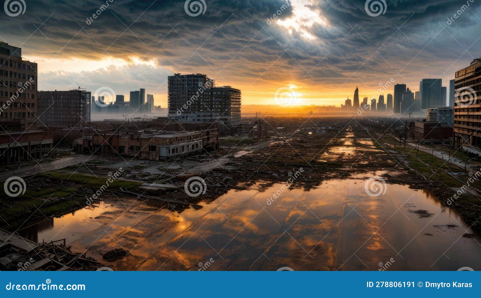 Sunset Over an Abandoned Empty City Stock Illustration - Illustration ...