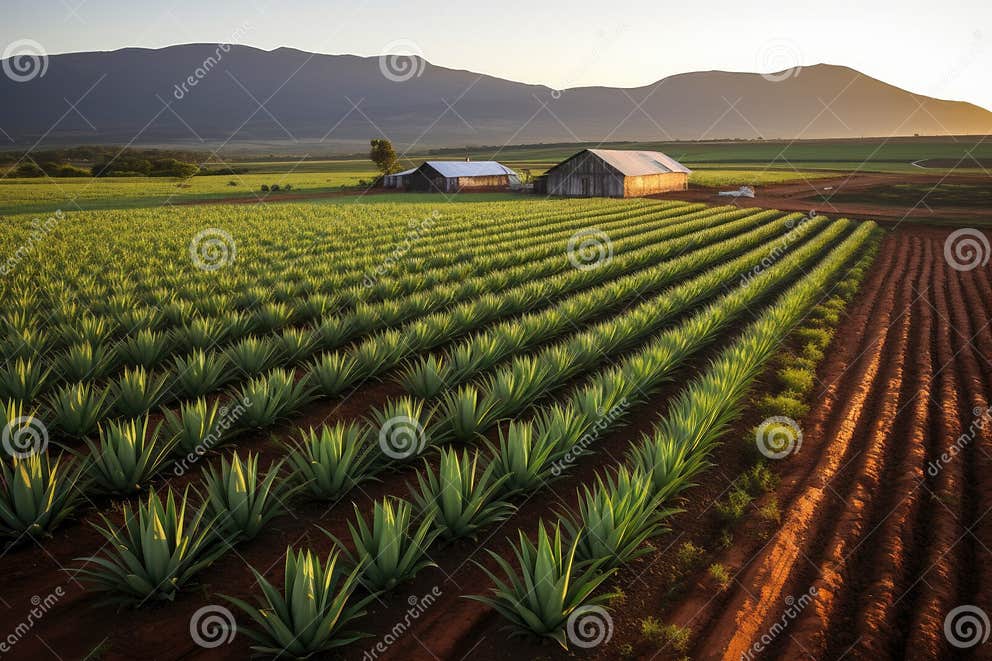 Sunset Over Agave Farm with Rustic Barns and Expansive Fields ...