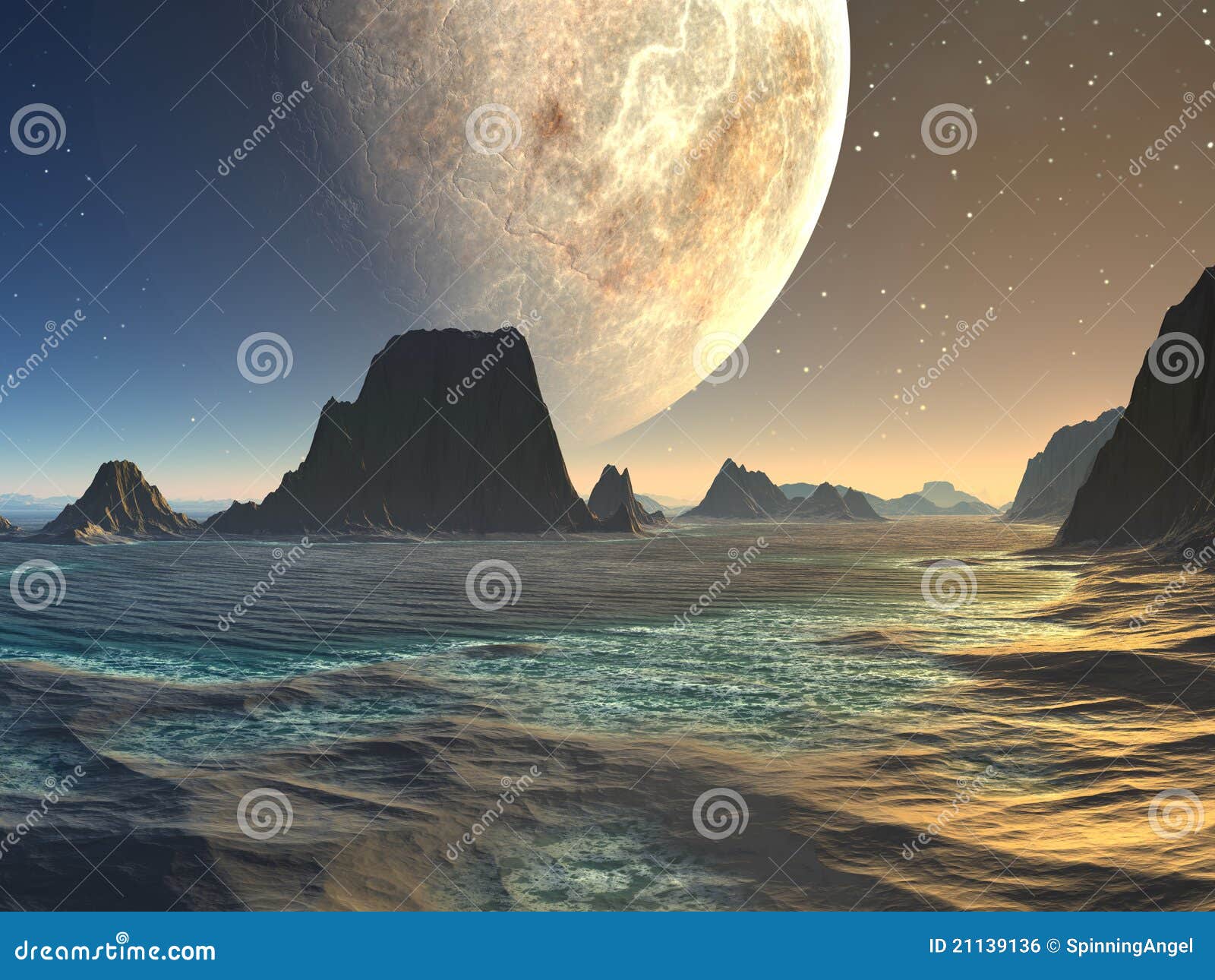 Sunset Over Alien Beach at Moonrise Stock Illustration - Illustration ...