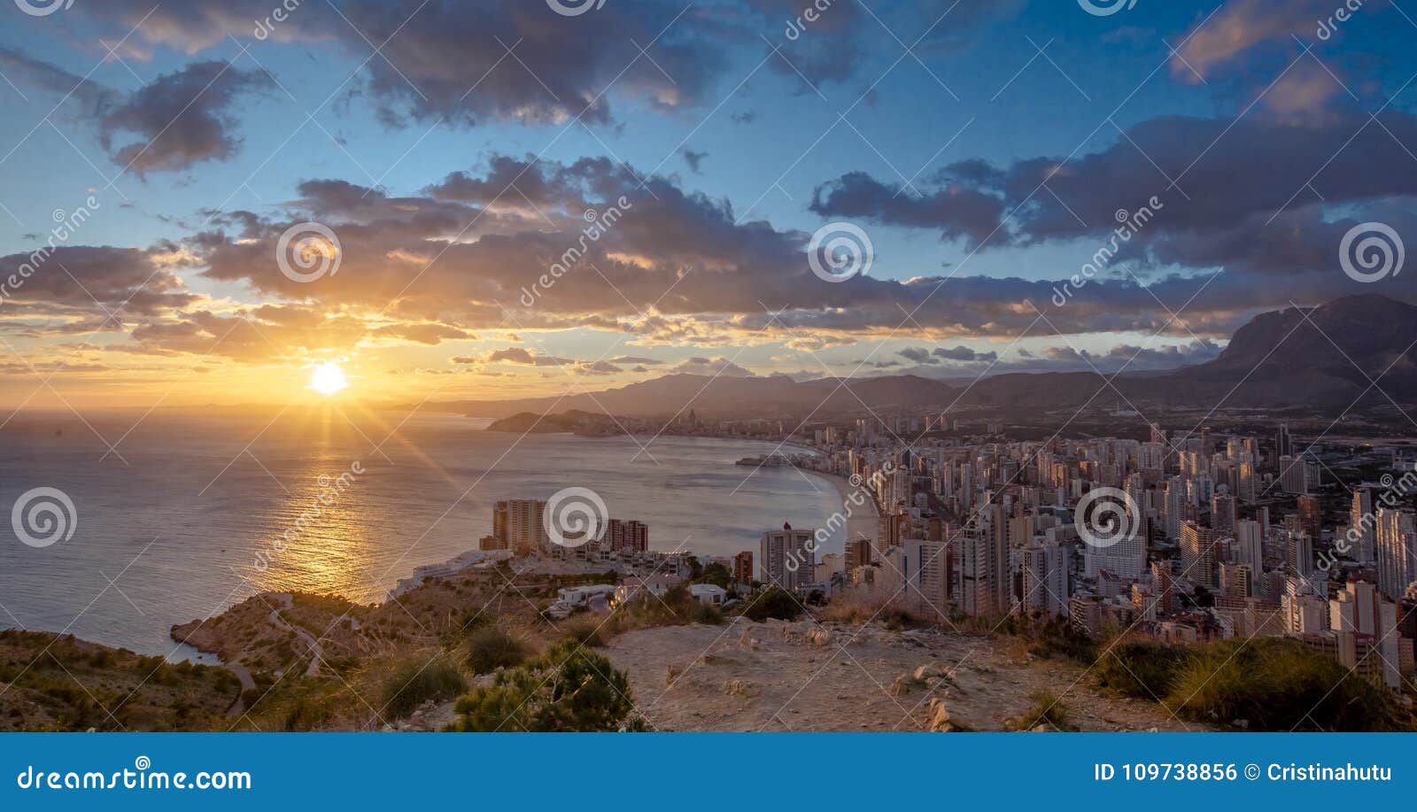 Sunset Over Benidorm Beach in Spain Stock Photo - Image of benidorm ...