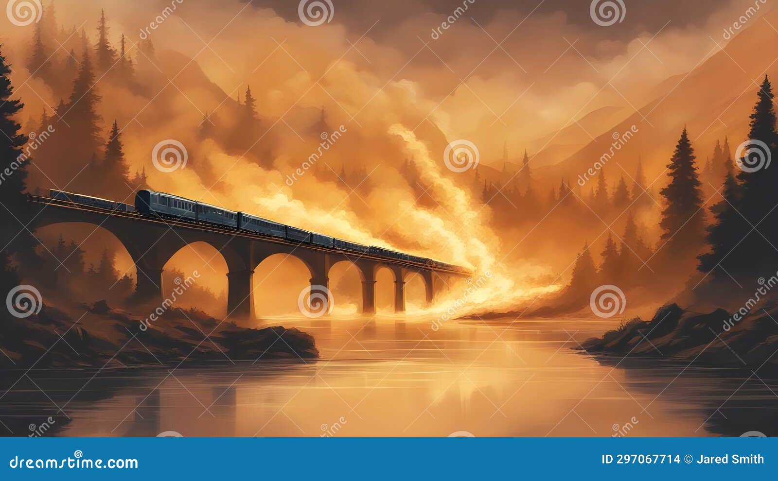 Sunset Over the Bridge a Burning Train on Fire, Exploding, that Crosses ...