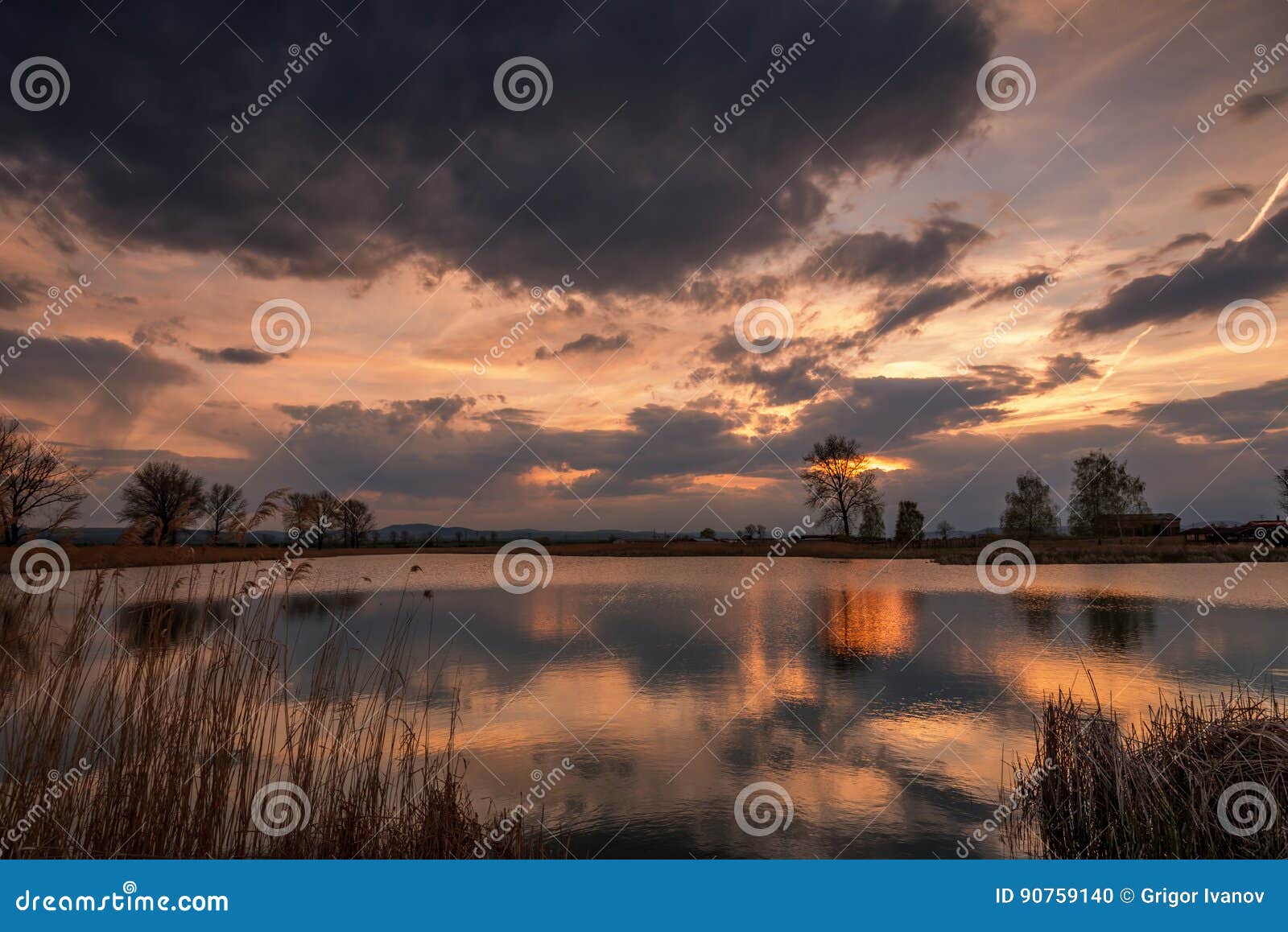 Sunset Over Calm Lake , Sky Reflection in Water Stock Photo - Image of ...