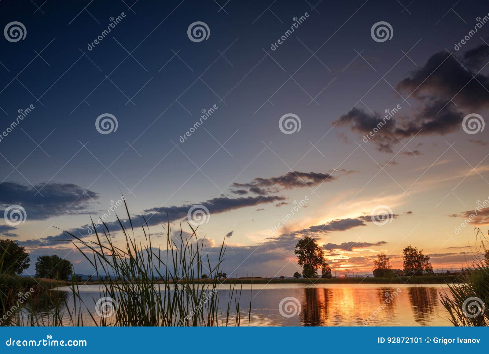 Sunset Over Calm Lake , Sky Reflection in Water Stock Image - Image of ...